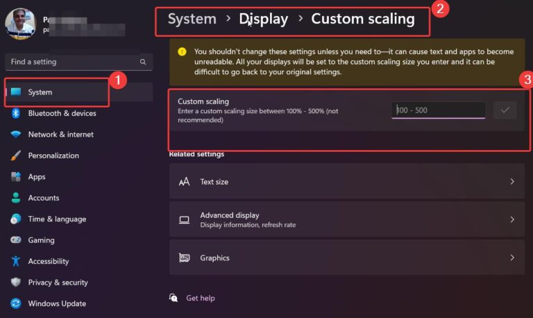 Proxy to Advanced Scaling Settings Windows 11 - Display Scale DPI